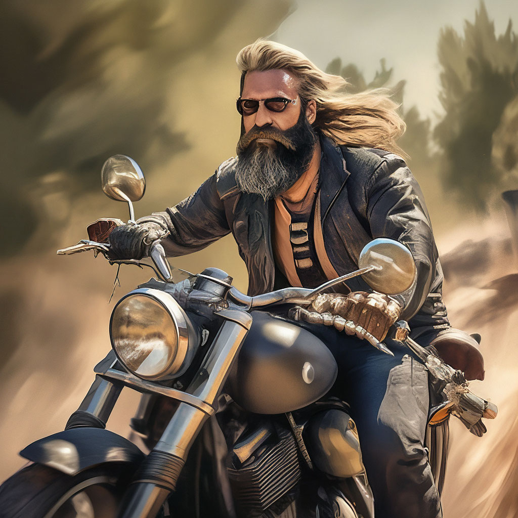 "A man with a long beard on a motorcycle, biker, photo of a male biker ...