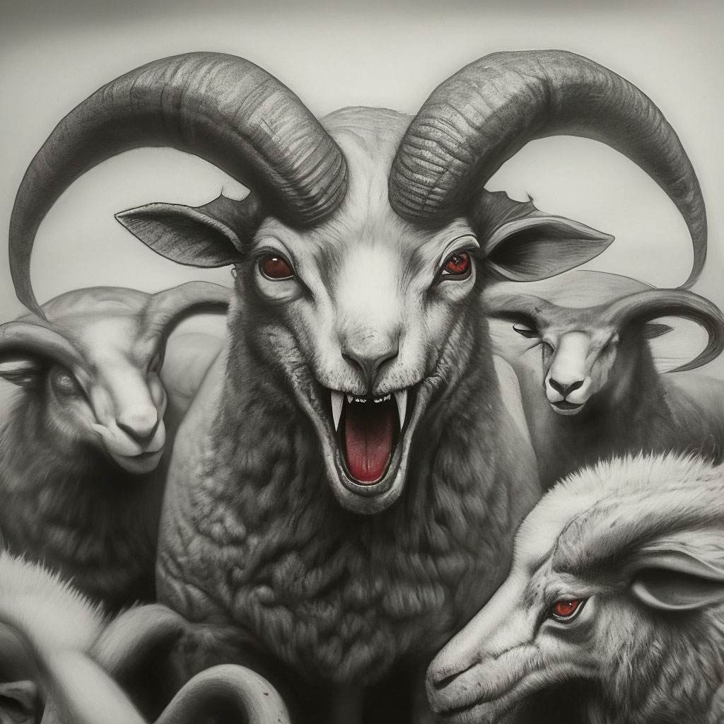 "Predatory farm, creepy predatory sheep, spirally twisted horns, sharp ...