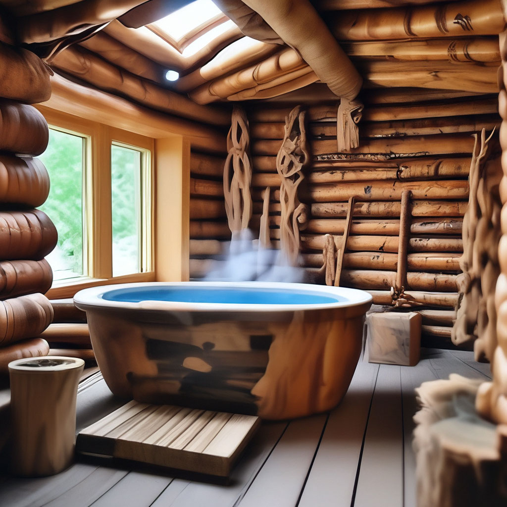 "Russian bath made of logs...steaming in the bath" — image created in ...