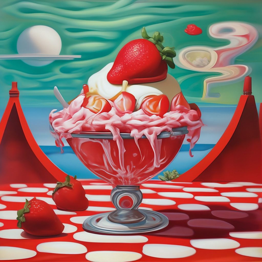 "Strawberry sundae captured the world, surrealism" — image created in ...