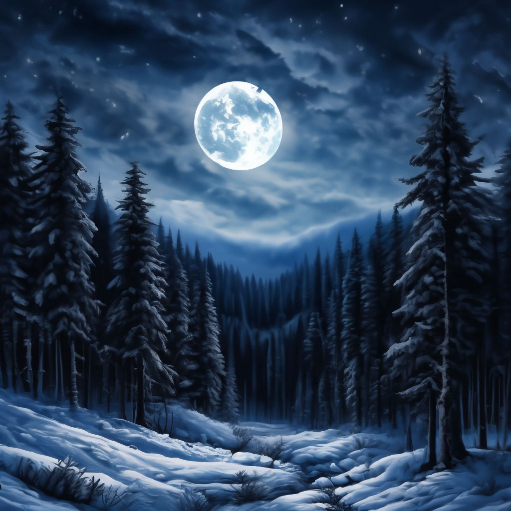 "Fir forest at night, moon" — image created in Shedevrum