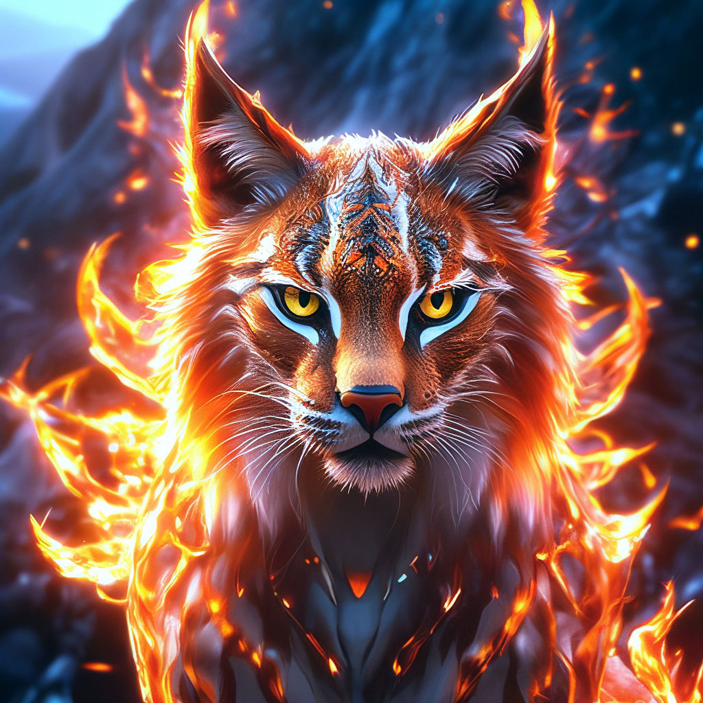 "Hyperrealism beautiful fiery anthropomorphic lynx-phoenix, transparent ...