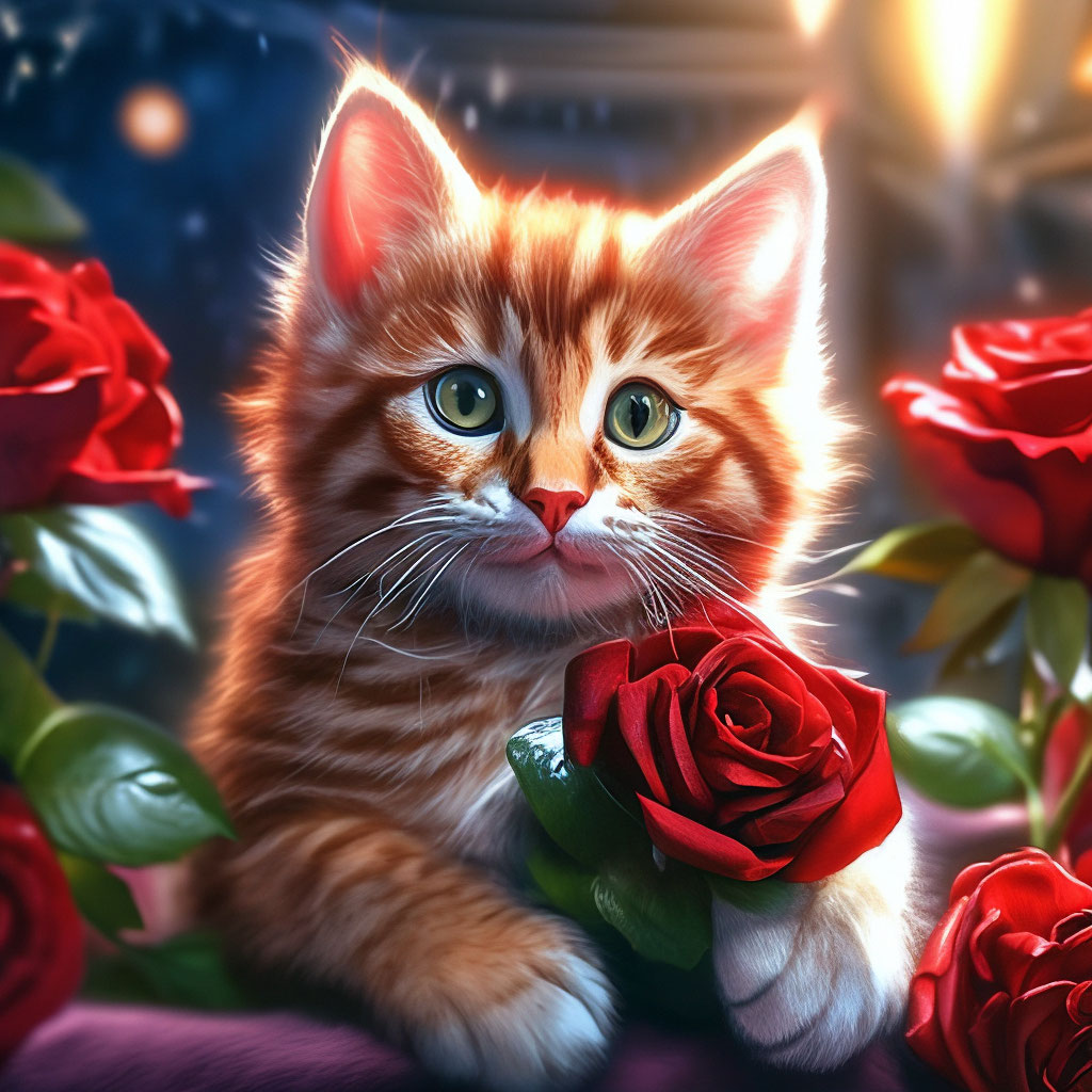 "Cute red cat with roses holds a rose in his paws professional ...