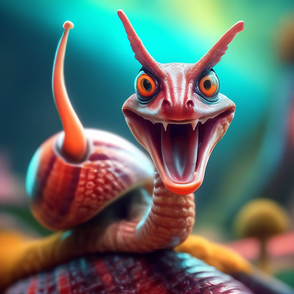 "The long neck of a smiling creep snake looks out from a snail house, a ...