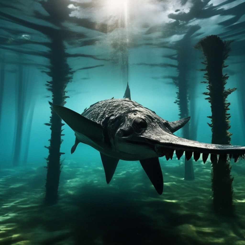 "Sawfish saws underwater tree trunks in the ocean" — image created in ...