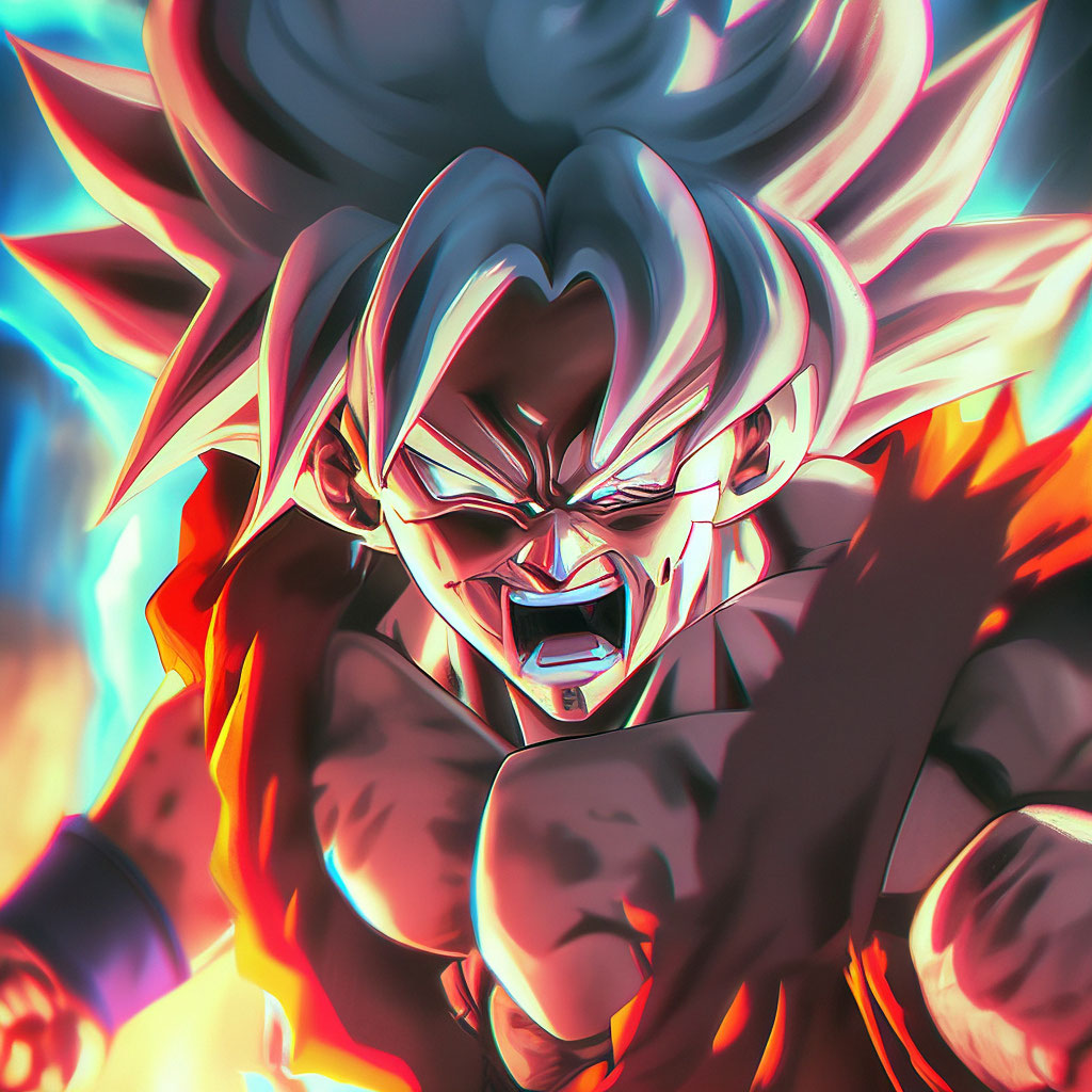 "Son Goku, Dragonball super,furious face,fighting stance,glowing eyes ...