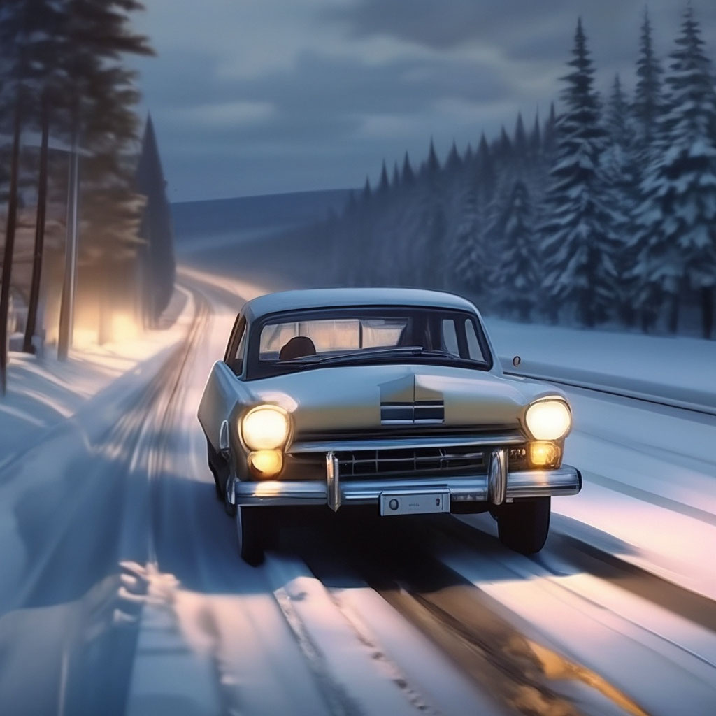 "A Soviet car is driving on a winter highway. Hyper realism, high ...