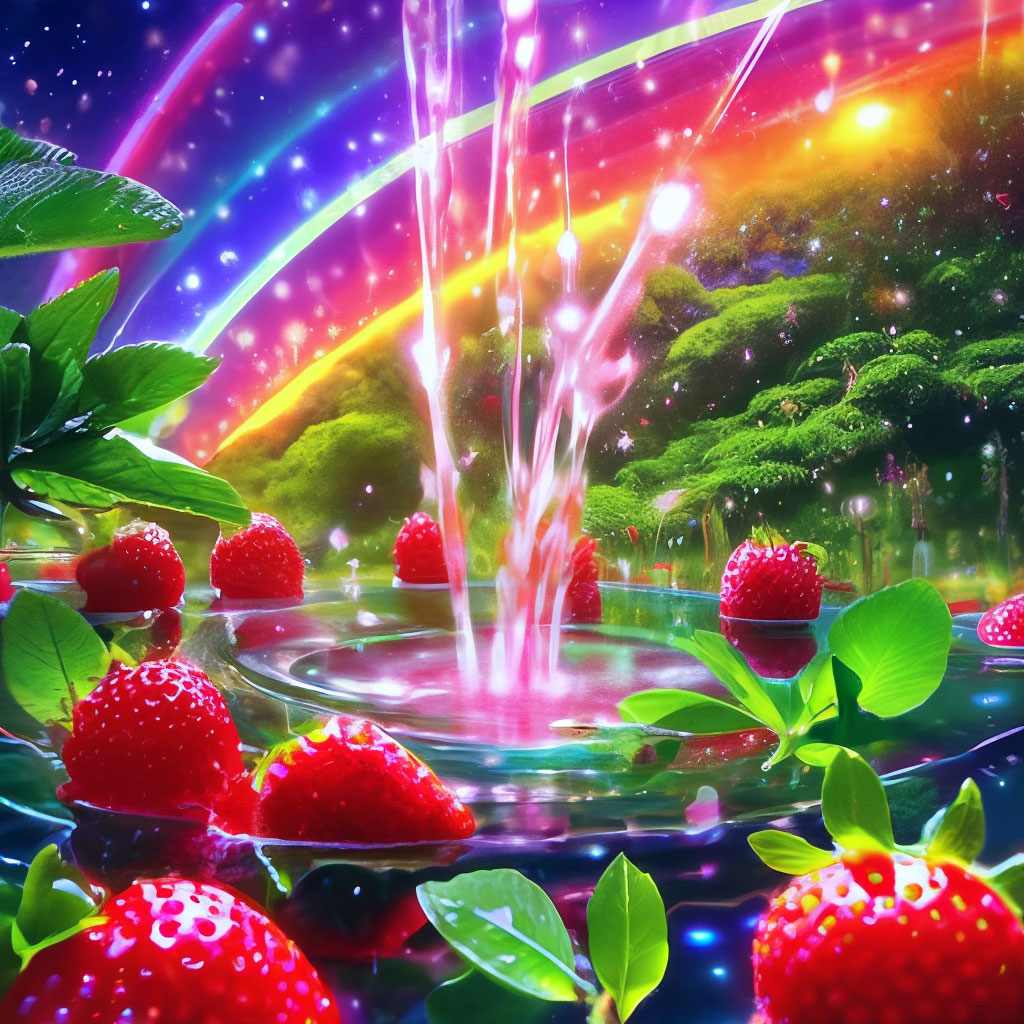 "Summer landscape,fantastic fountain of strawberry mojito, mint leaves ...