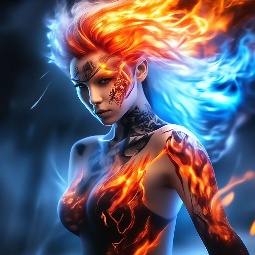 "Fantasy, internal glow volumetric tatu +the elemental girl is burning ...