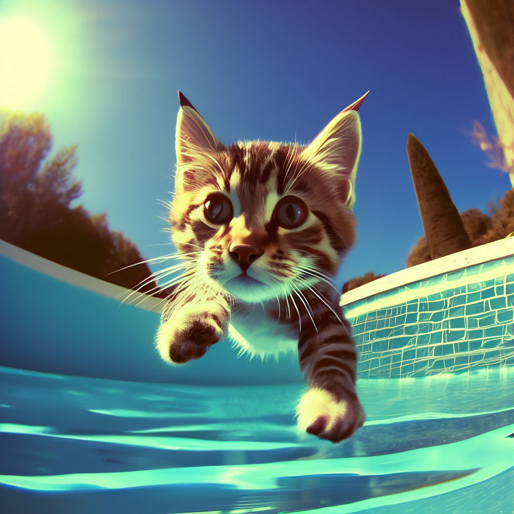 "The cat dives into the pool like a child on the cover of the Nevermind ...