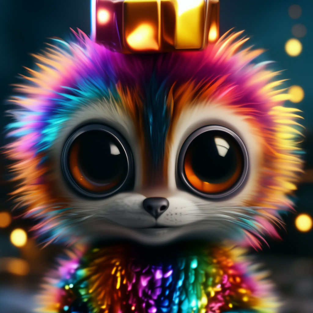 "A furry alien with a gift on his head, glowing multicolored fur, big ...