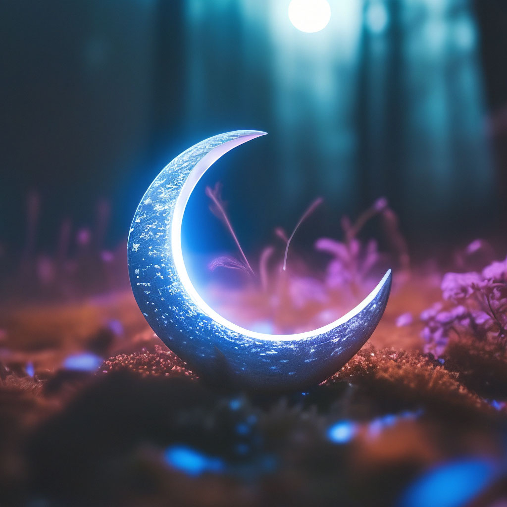 "The crescent moon glows brightly, lies on the ground in fantasy-style ...