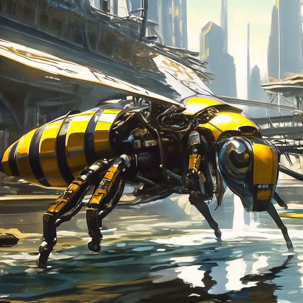 "Cyber bee flying over the water" — image created in Shedevrum