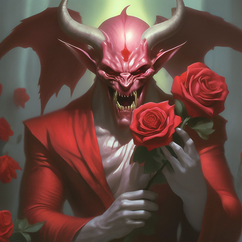 "A demon with a rose in his teeth" — image created in Shedevrum