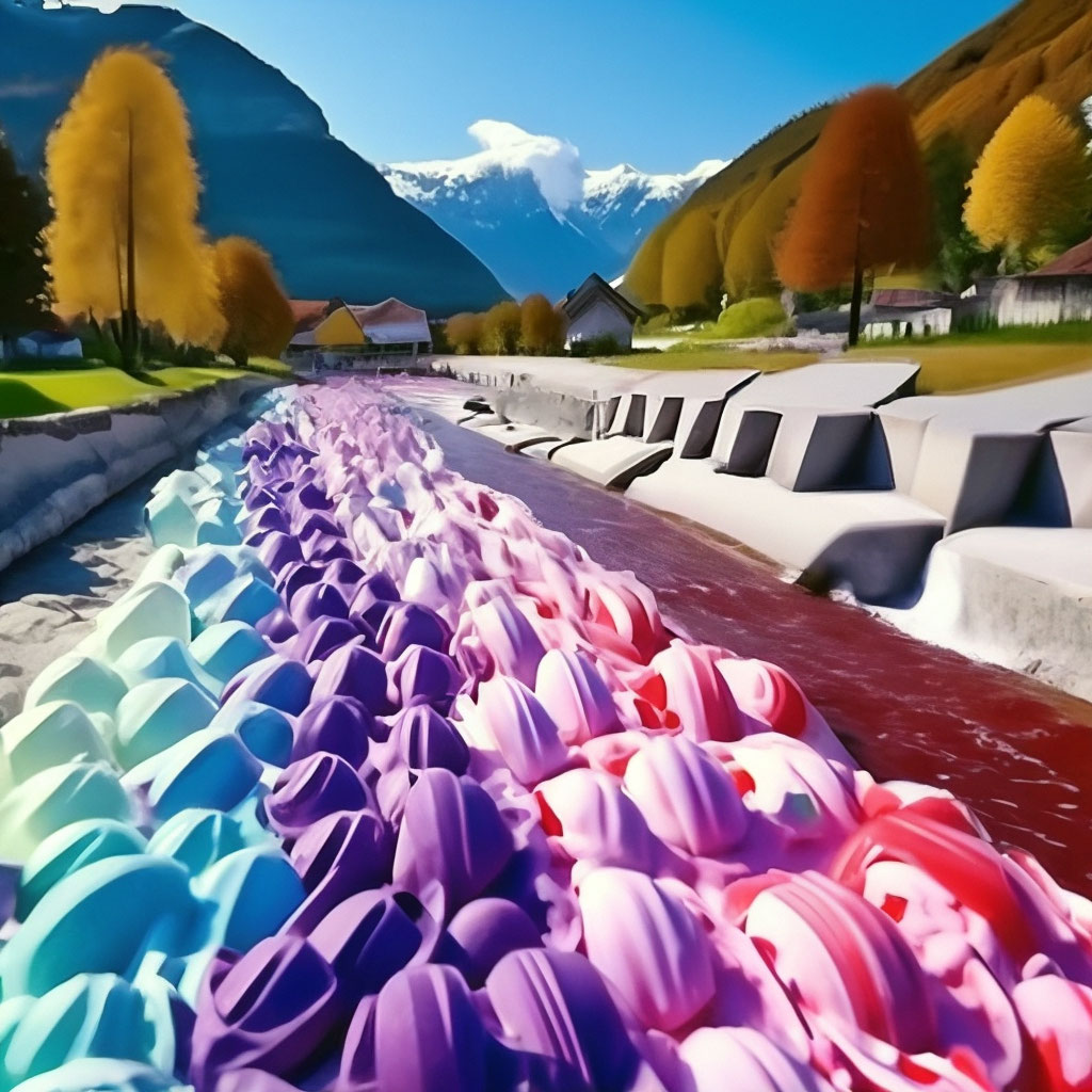 "🍧🍨river🧊🌊 of ice cream, colorful ice cream flows along the riverbed ...