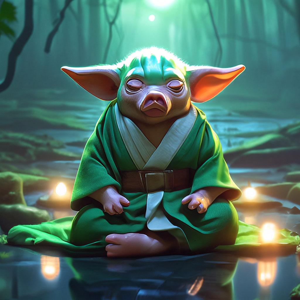 "Pig!, in the image of green Yoda, tired face, pig in the role of ...