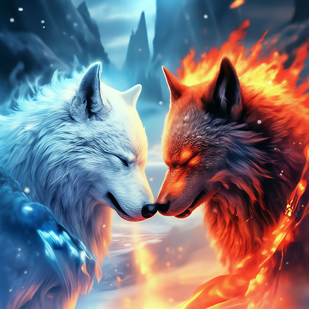 "Ice wolf and fire wolf" — image created in Shedevrum