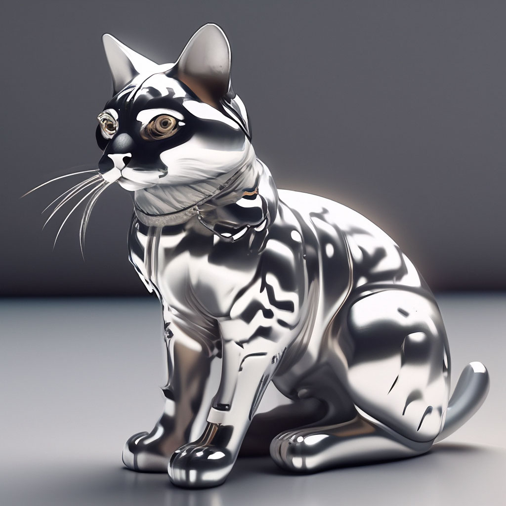 "Completely made of pure silver cat" — image created in Shedevrum