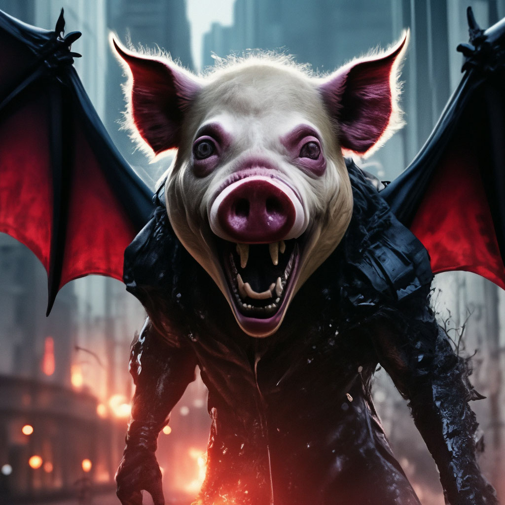 "Anthropomorphic mutant vampire pig with bat wings, red small eyes, big ...