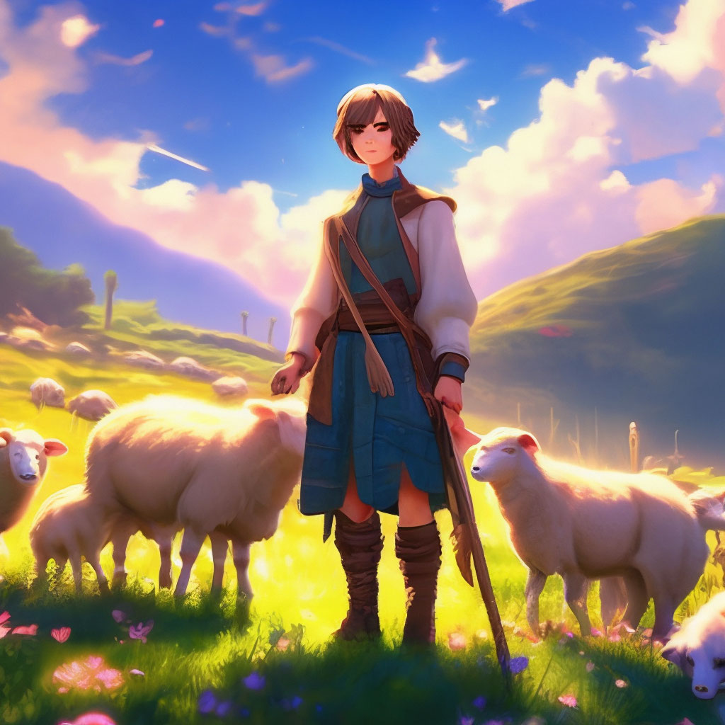 "A shepherd with sheep stands in a meadow beautiful, anime style ...