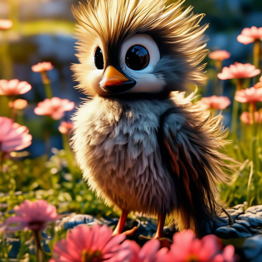 "Fantastic cartoon furry animal bird sniffing flowers in a sunny ...