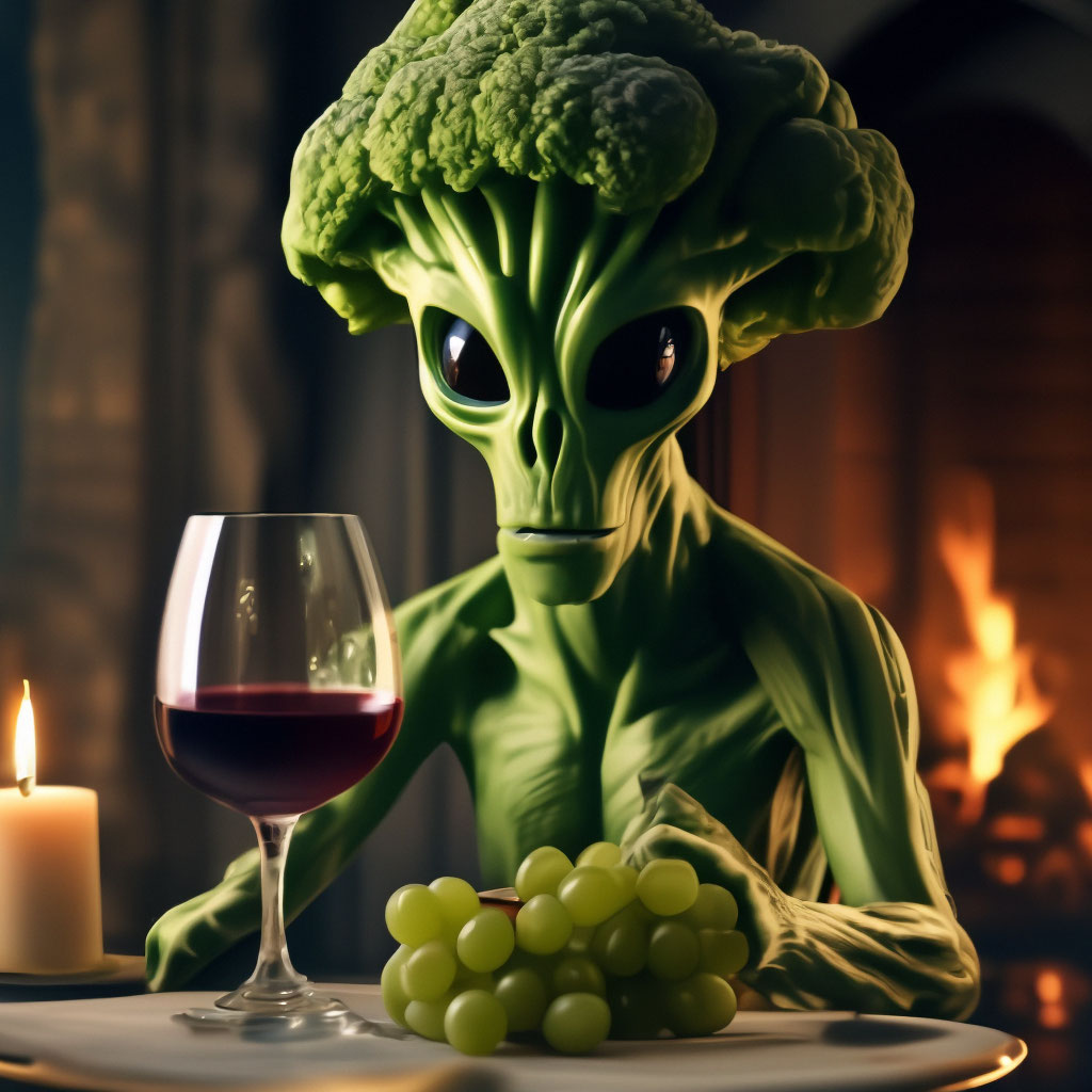 "Alien humanoid broccoli is sitting with a glass of wine by the ...