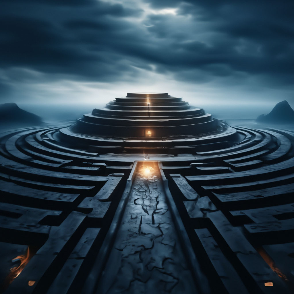 "Labyrinth on the island, horror, gloomy" — image created in Shedevrum