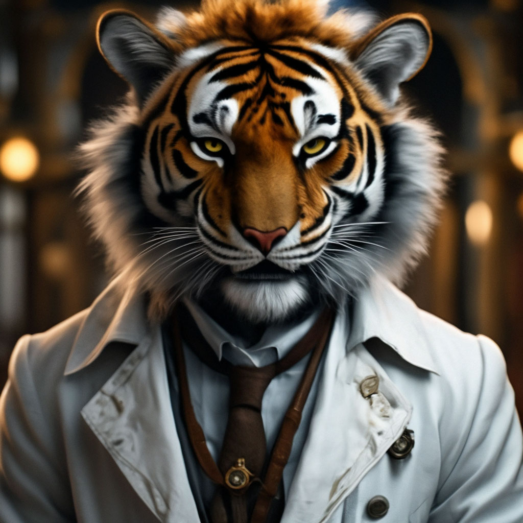 "Anthropomorphic furry tiger doctor, crazy doctor in a white coat ...