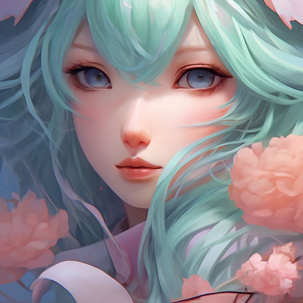 "Japanese fox, expressive look, gray-blue eyes, delicate peach lips ...