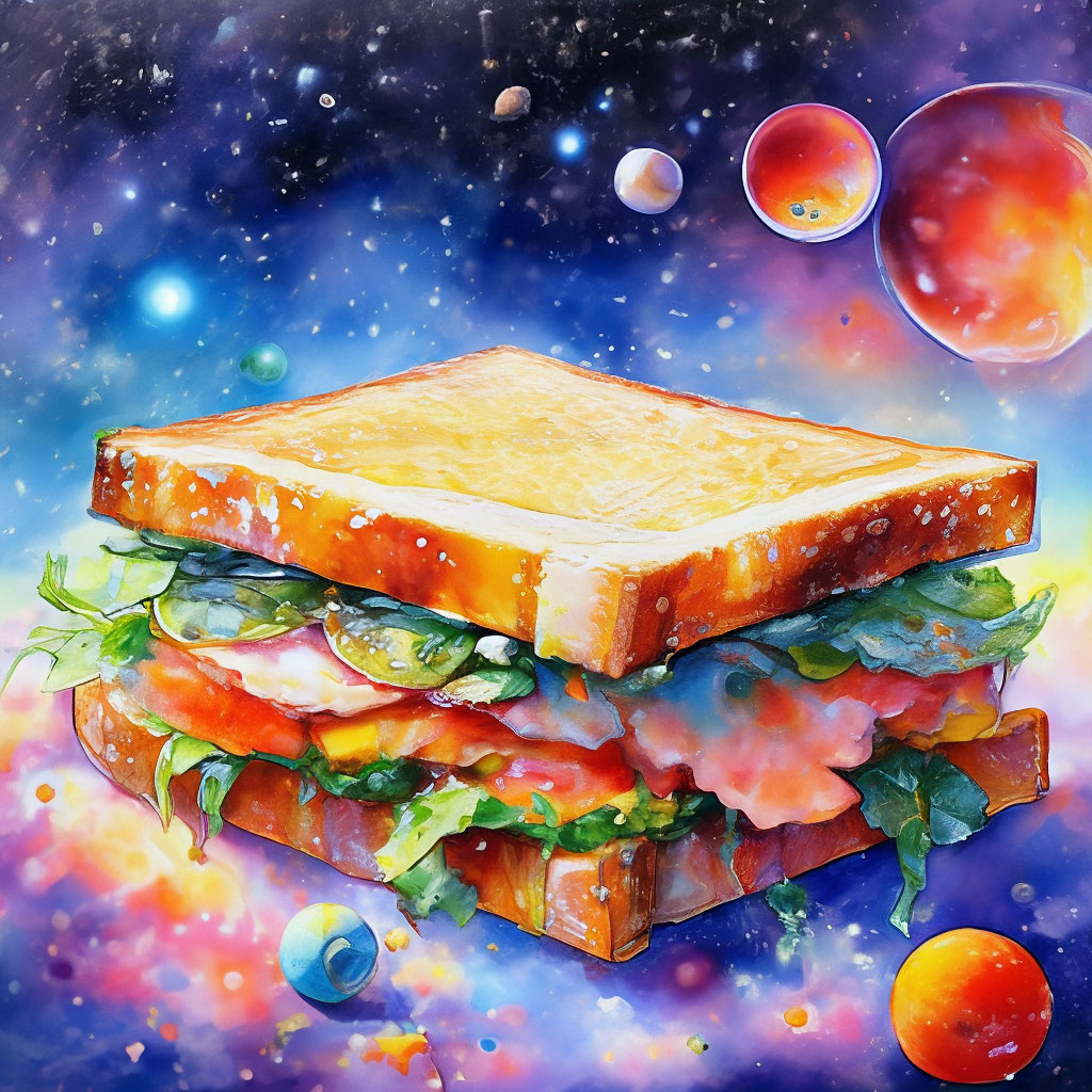 "Delicate watercolor painting, cosmic sandwich in space, colorful ...