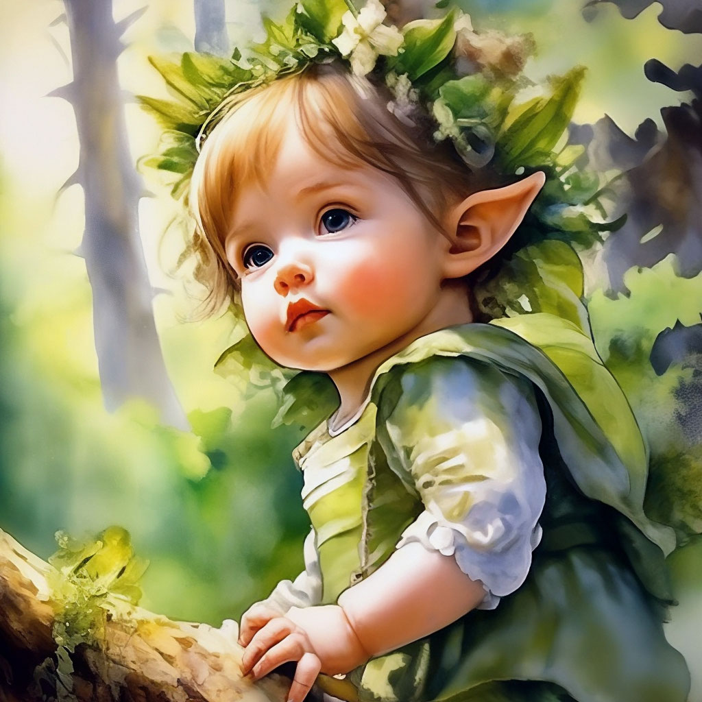 "Baby forest elf, drawing, watercolor, ink drawing, volumetric ...