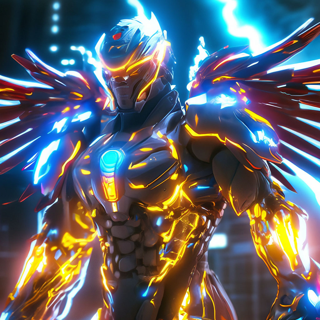 "Bionic cyborg in armor and helmet covered with electric shock, wings ...