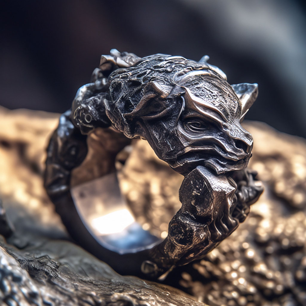 "Rough brutal metal ring made by orcs,hyperrealism, cave,stone ...