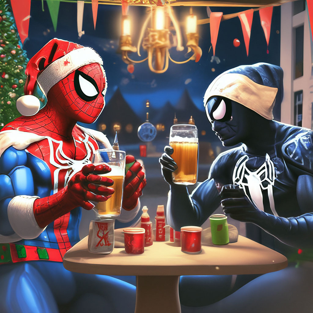 "Spider-Man and Venom celebrate the New year with Santa Claus hats and ...