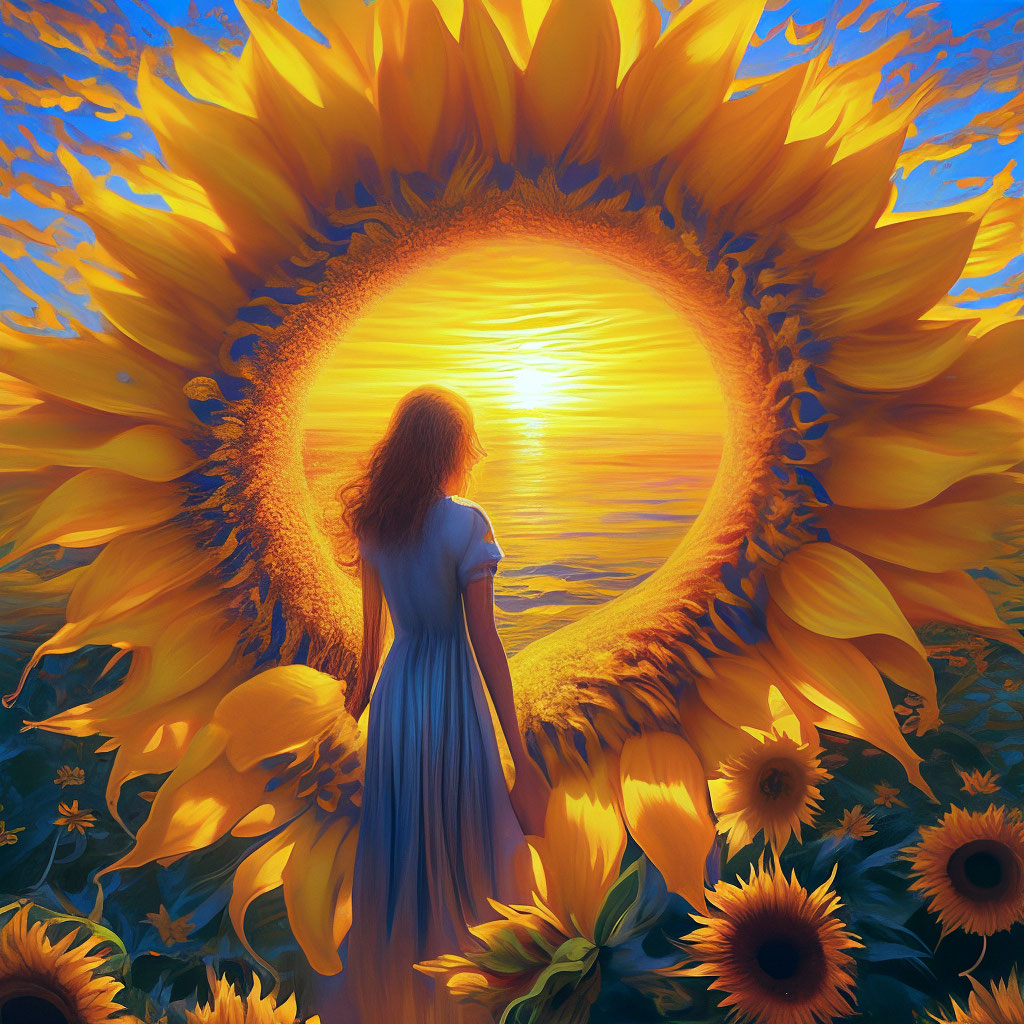 "Fantasy, inside a sunflower - sunset, figurative surrealism, high ...