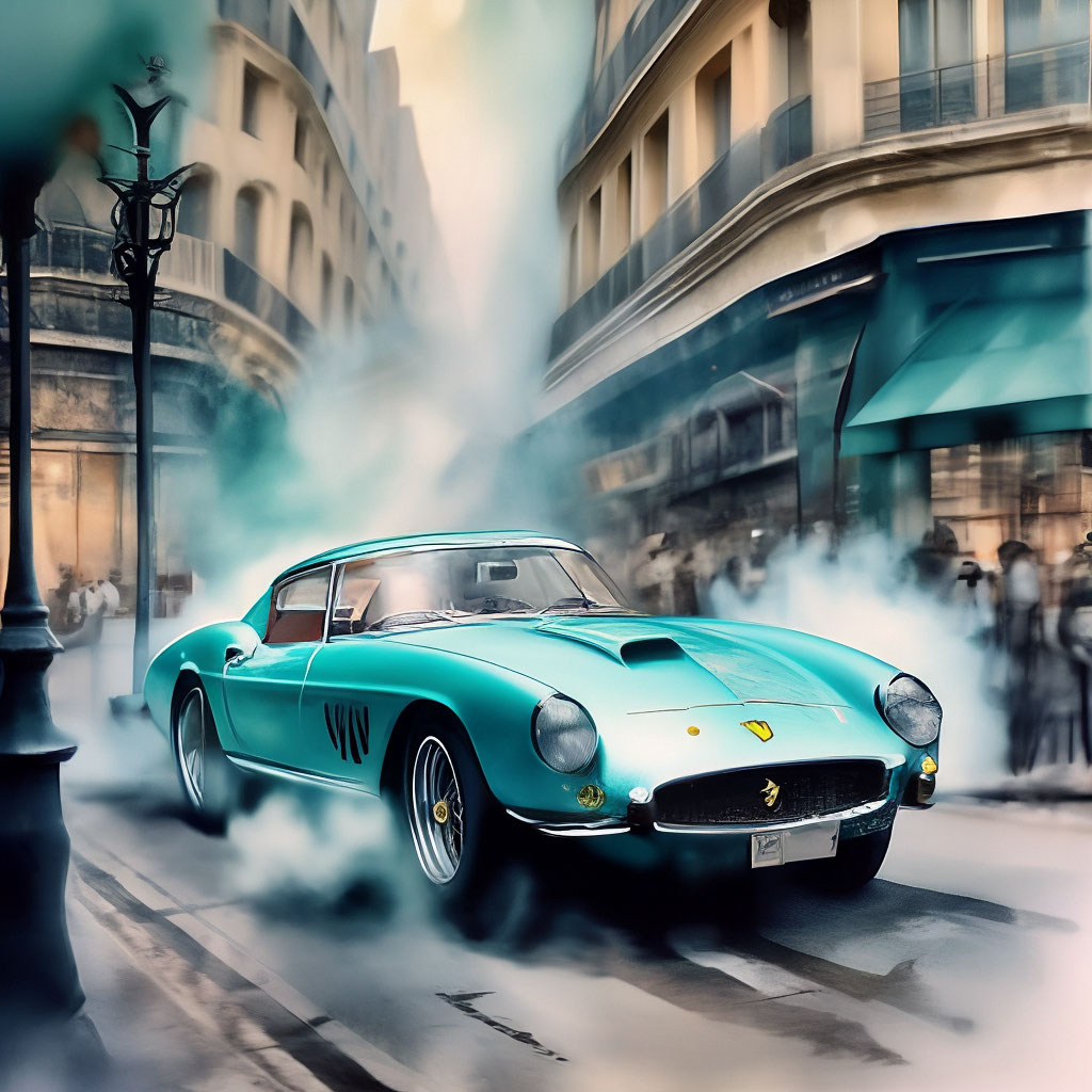 "Watercolor , turquoise Ferrari flies through Paris from under the ...