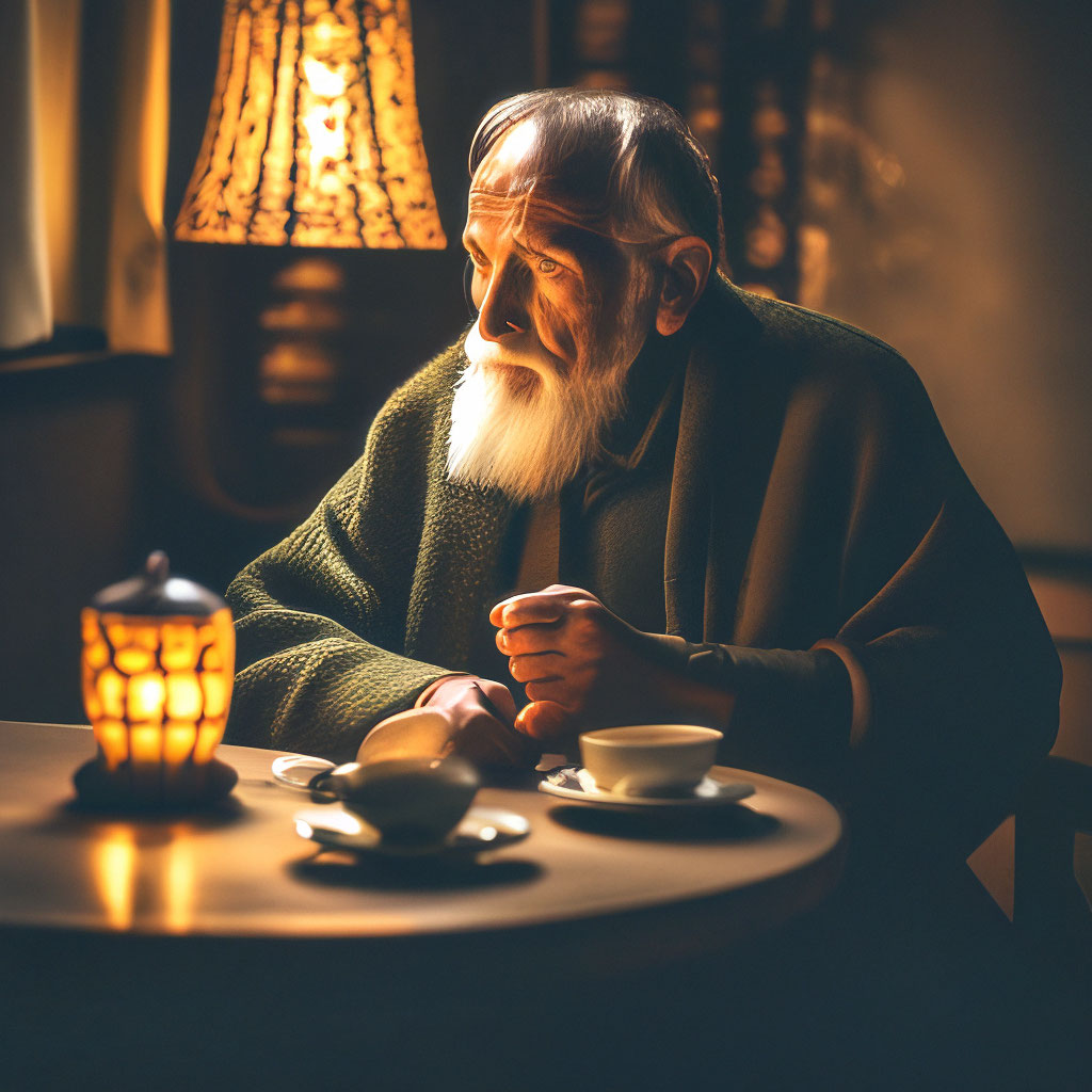 "An old man is sitting at a table with tea in his hand a small table ...