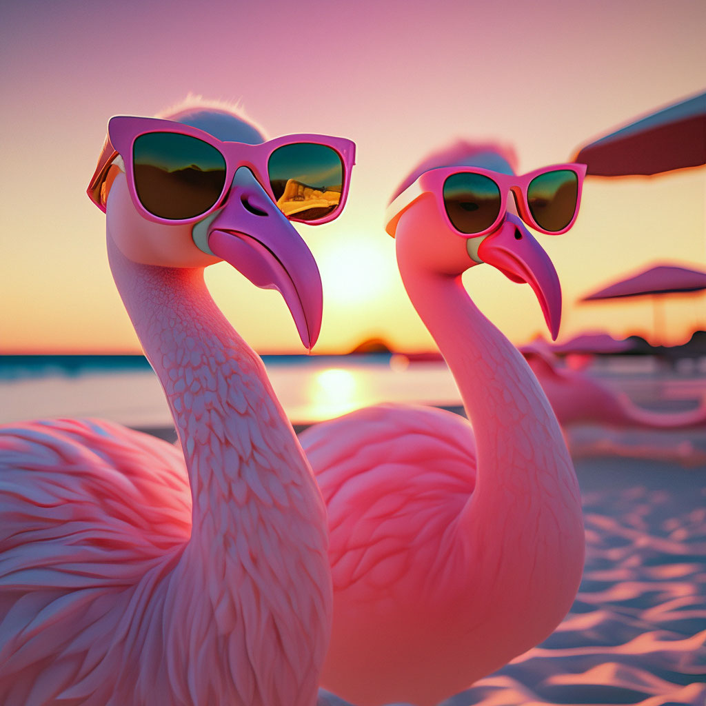 "Very fashionable pink flamingos with glasses on the beach, sunbathing ...