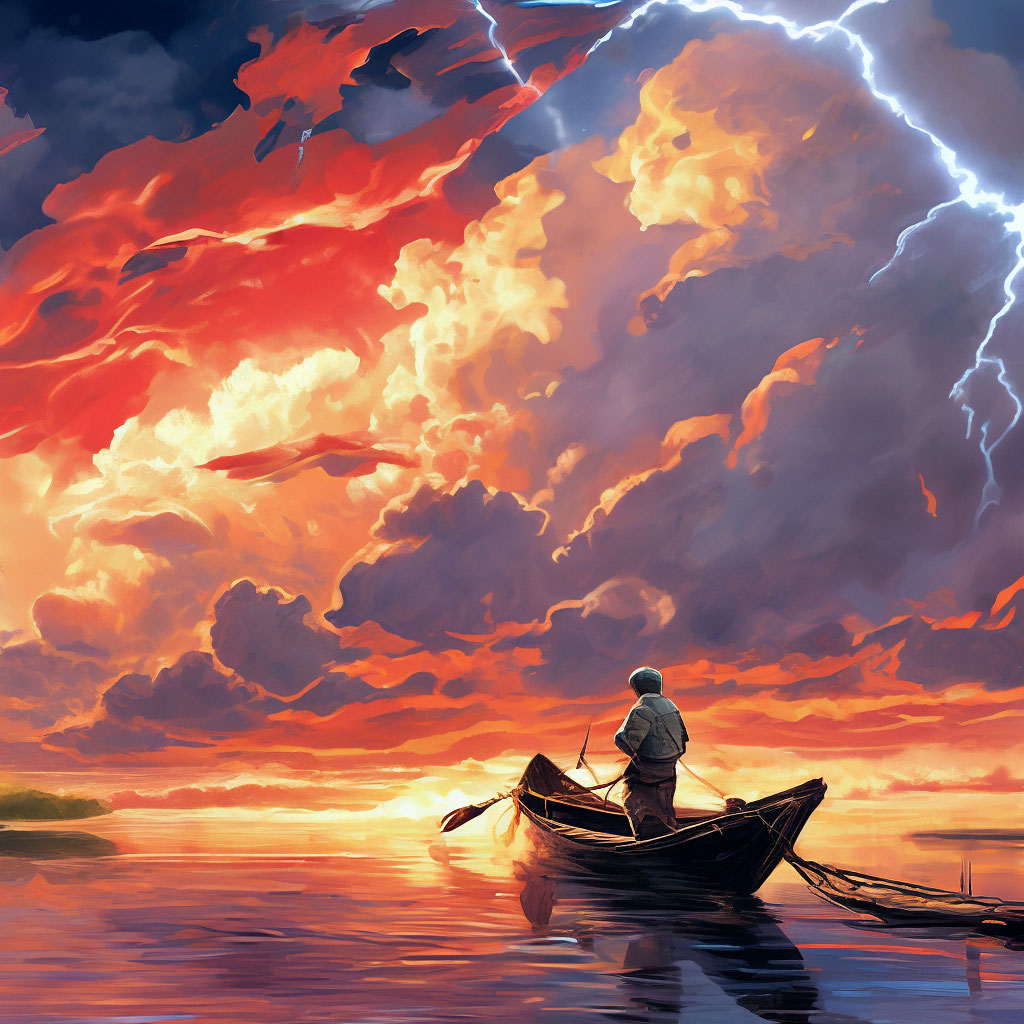 "Hyperrealism, anthropomorphic cloudy fish, a fisherman in a boat on ...