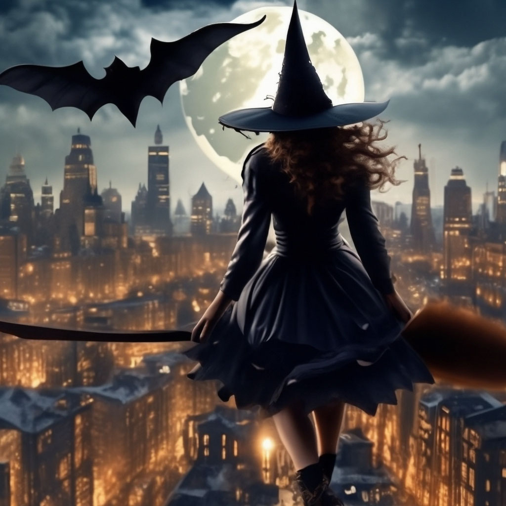 "Flying witch, city with bats, full moon" — image created in Shedevrum
