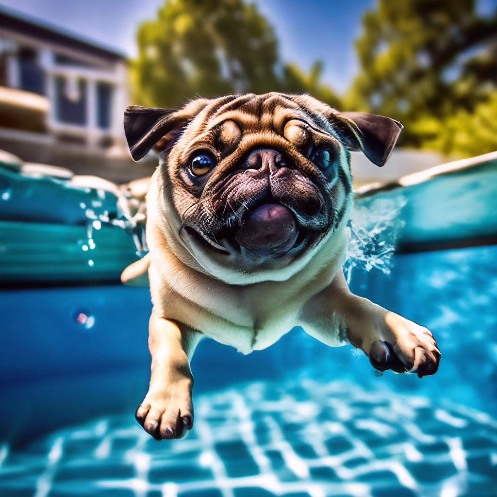 "Pug dives into the pool, realistic🏝" — image created in Shedevrum