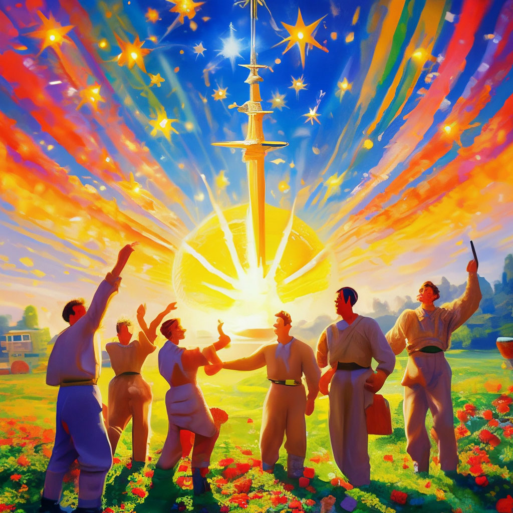 "Communism, the bright future of humanity, joyful workers, stars ...