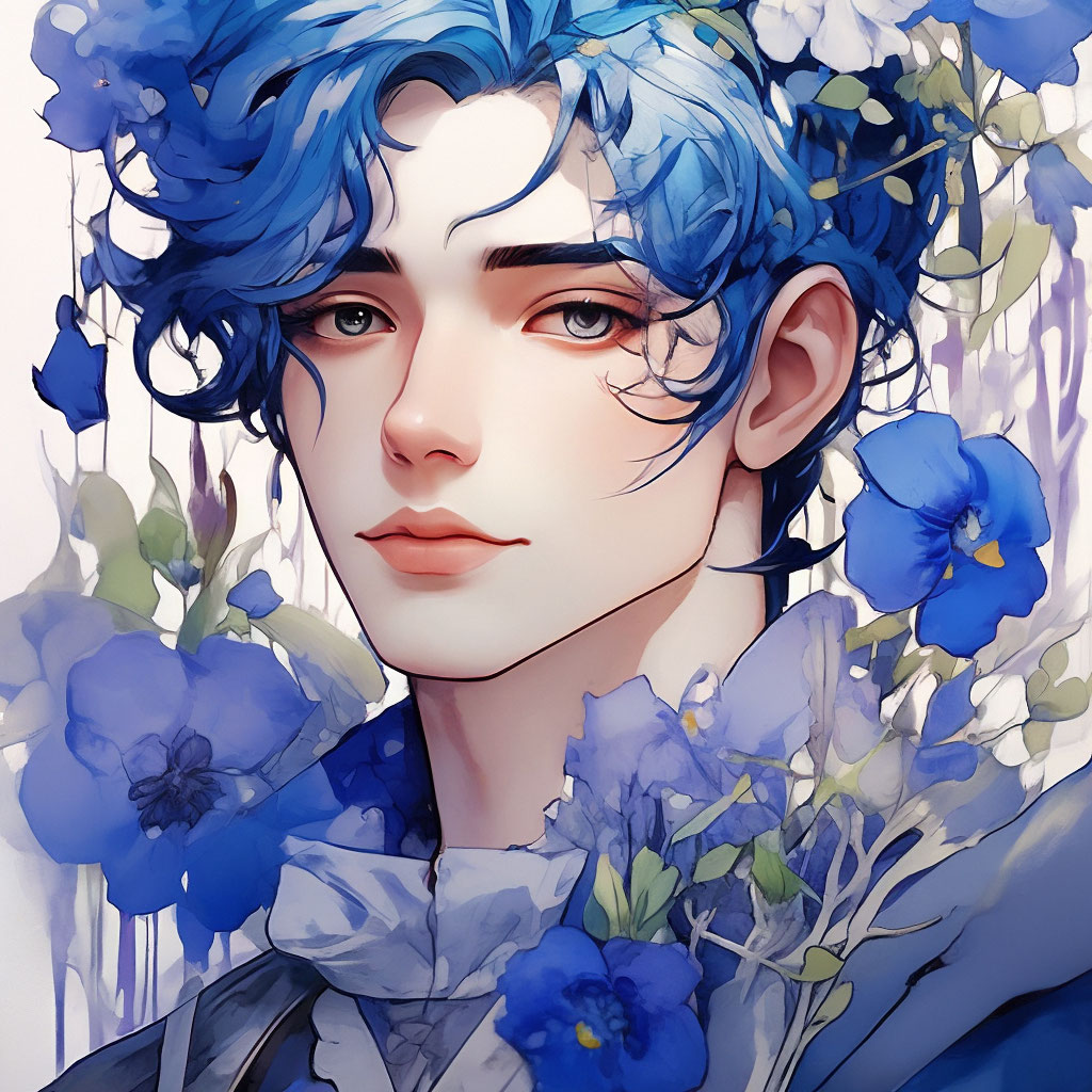 "Mystical guy with blue lush hair,pale skin,vaselki,flowers on cheeks ...