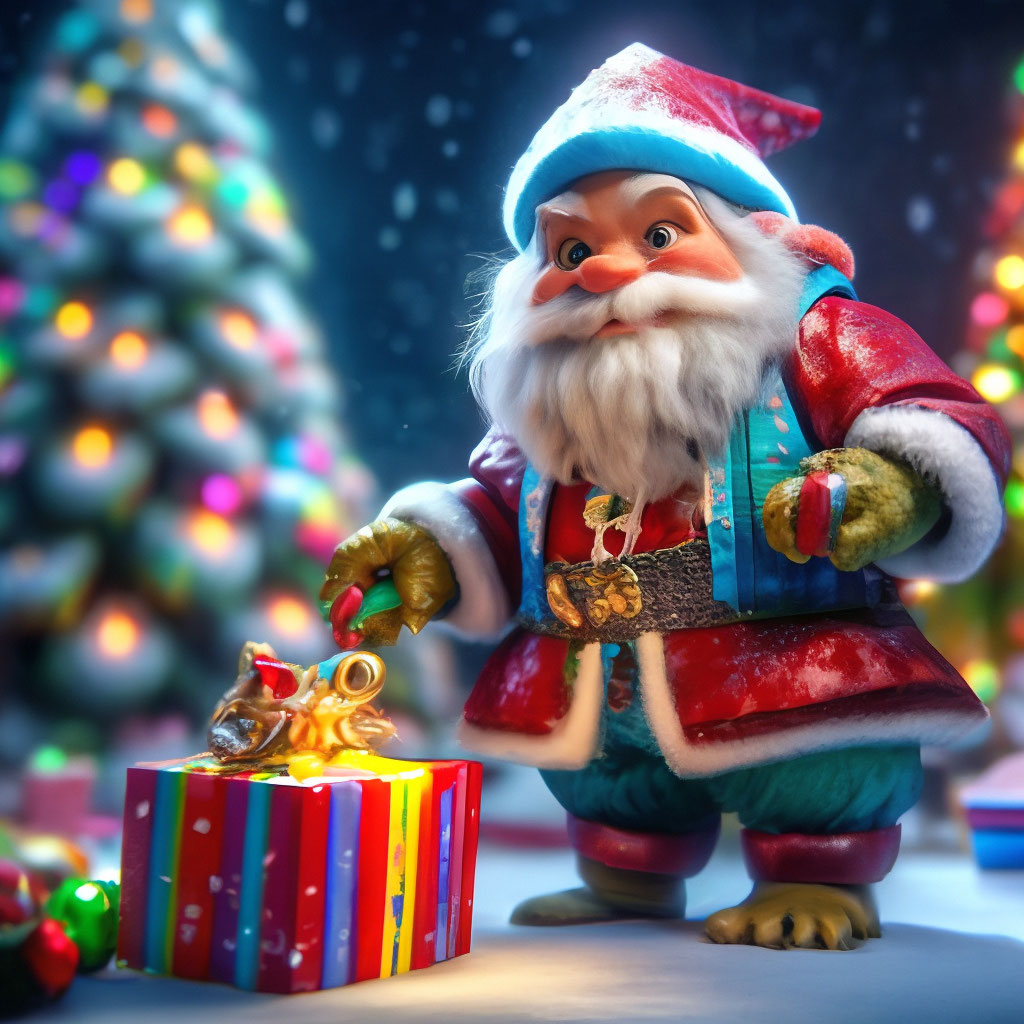 "A dwarf in a Santa Claus costume stands under a Christmas tree ...