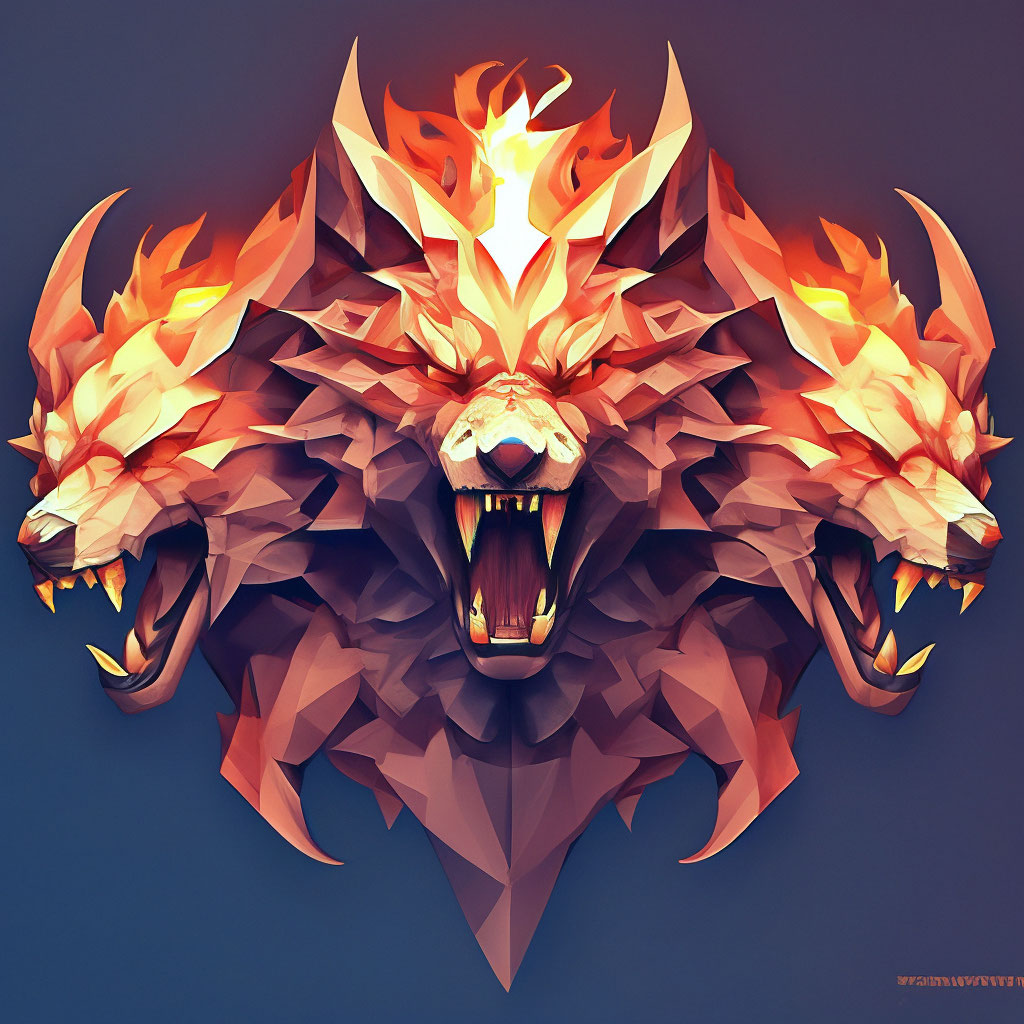 "Cerberus, hell, flame, fangs, 3 heads" — image created in Shedevrum