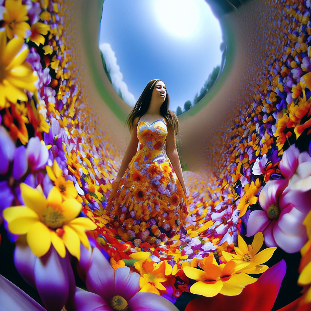 "A woman in a flower dress, surrealism, aesthetically pleasing ...
