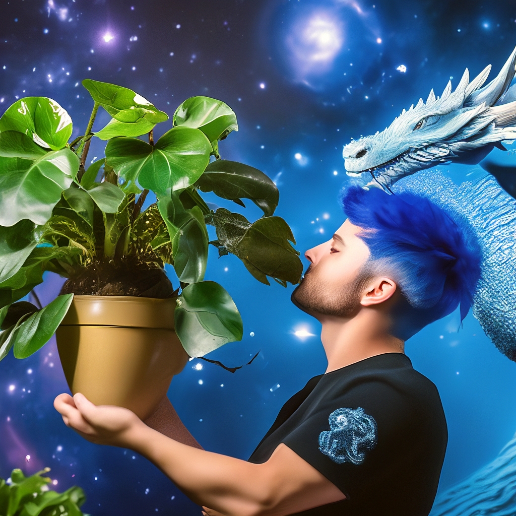 "Ava ficus. a guy with blue hairs is holding a pot of ficus in his ...
