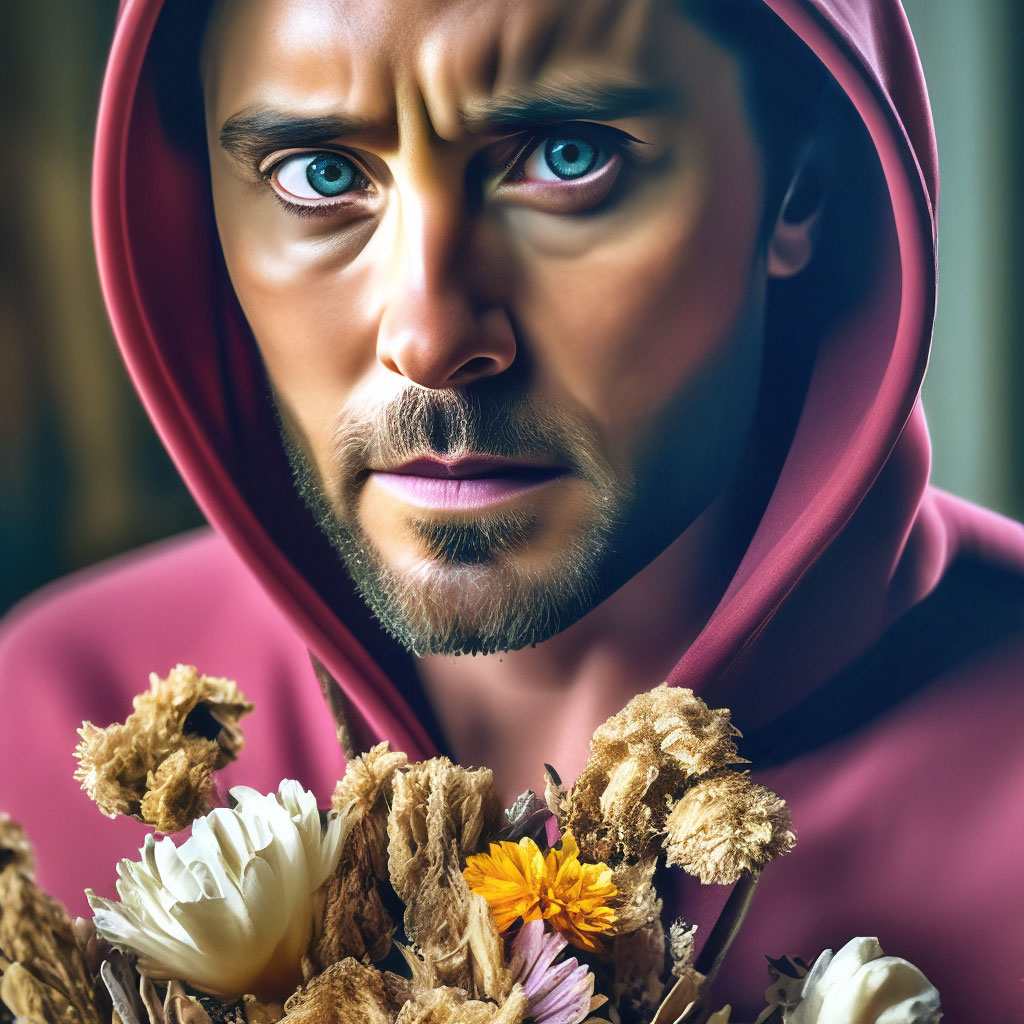 "🌀🍁 handsome actor Jared Leto in a hoodie with a bouquet of dried ...