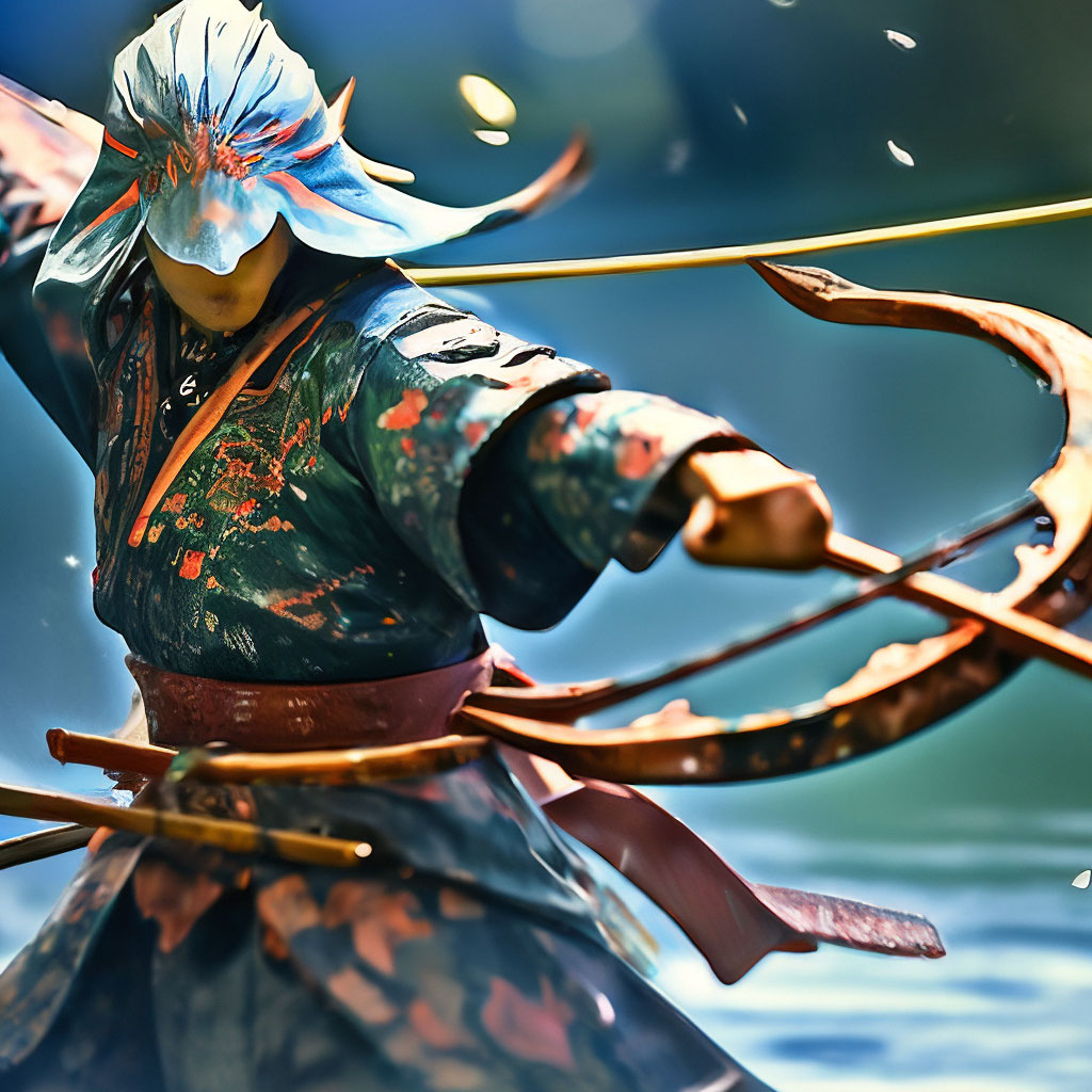 "Ashikari longbow, Japanese graphics,copper, water watercolor,The face ...