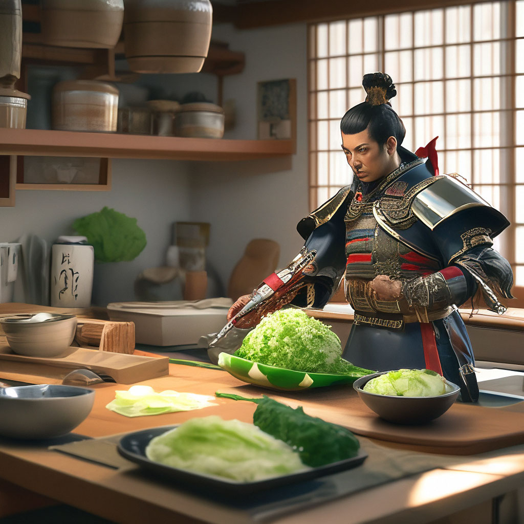 "Samurai in armor, slicing cabbage in the kitchen" — image created in ...